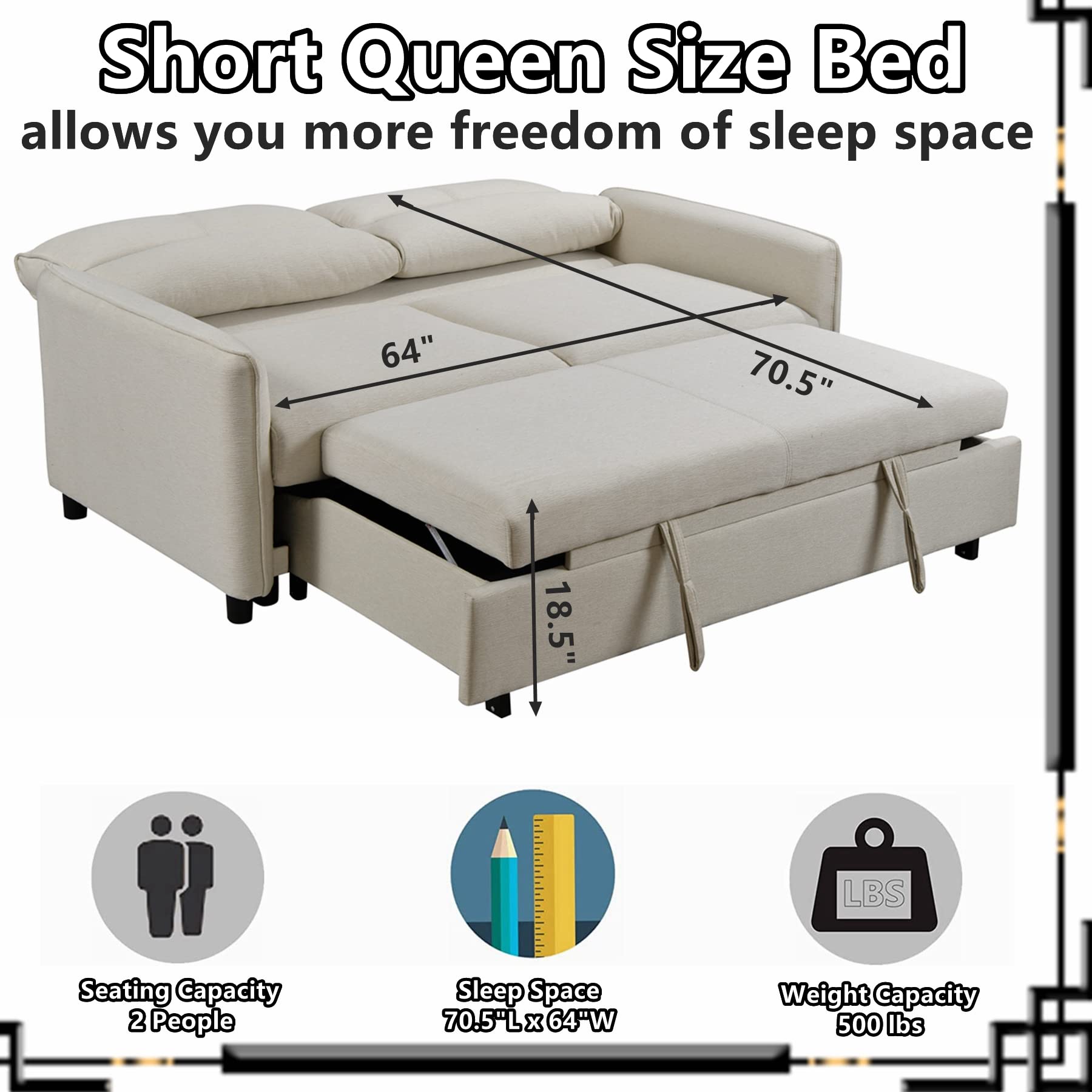 Gynsseh 3-in-1 Convertible Sleeper Sofa Bed, Queen Size Sofa Bed Couch with 2 Backrest Pillows, Pinstripe Upholstered 3-Seat Sofa Couch with Pull Out Bed for Living Room, S3-Beige