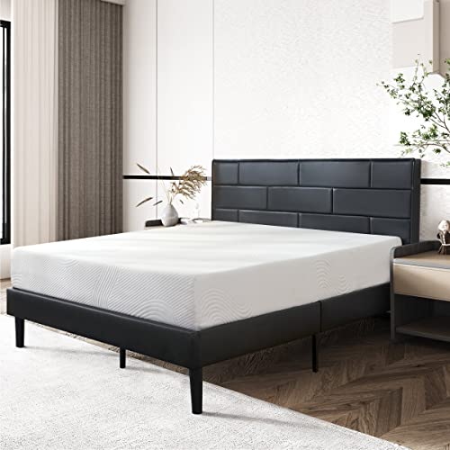 subrtex Bed Frame Twin Size with Headboard,Upholstered Faux Leather Mattress Foundation Platform with Solid Wood Slat Support,No Box Spring Needed,Noise-Free,and Easy Assembly Black