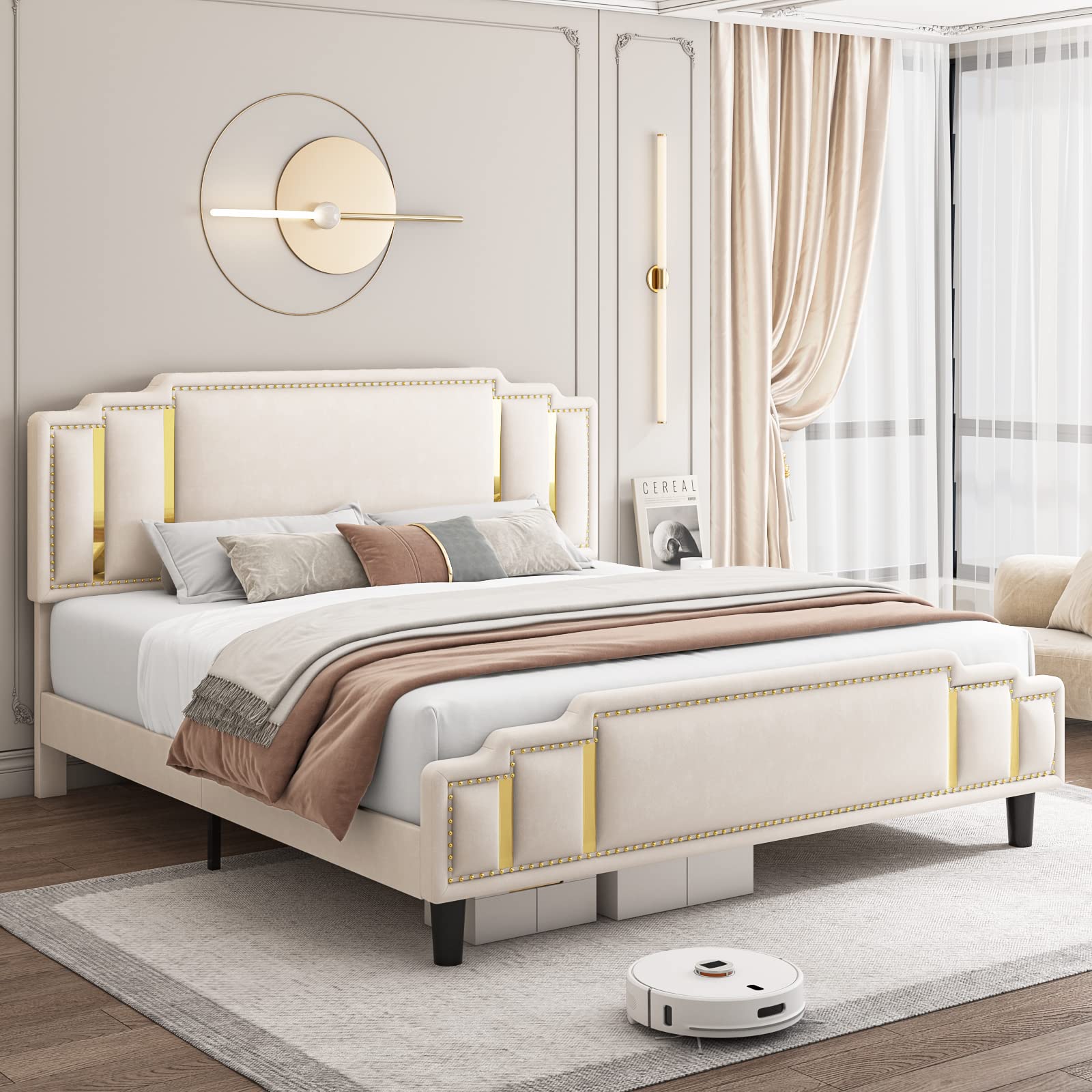 HIFIT Beige Queen Size Bed Frame and Height Adjustable Headboard, Mid-Century Modern Velvet Upholstered Platform Bed Frame with Golden Iron Slice & Nails, 43.9"-45.8" H