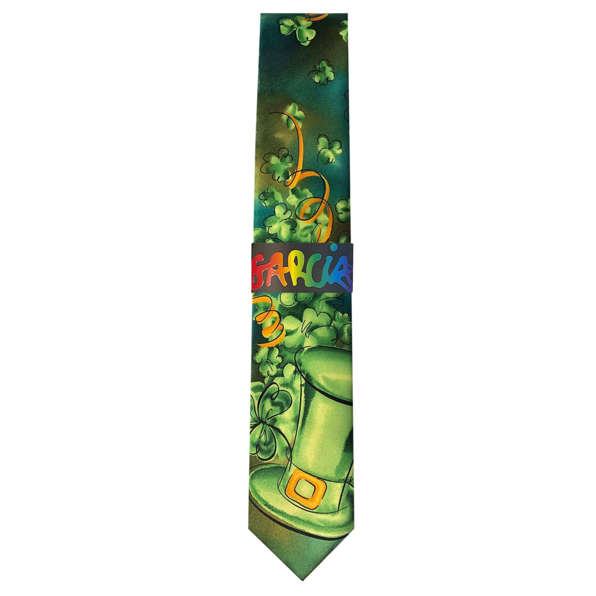 Jerry Garcia Men's St. Patrick's Day Green Shamrocks Irish Cap Leprechaun Hat Malachite Valley Artwork Regular Neck Tie, Regular - 58 inch