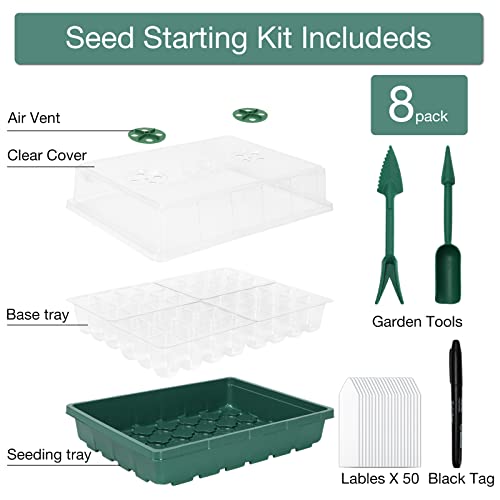 HOXHA 8 Pack Seed Starter Tray Kit, 384 Cell Indoor Seedling Starting Trays with Humidity Dome Base Mini Greenhouse Plant Germination Set for Seeds Growing, 8 Pack 48 Cell