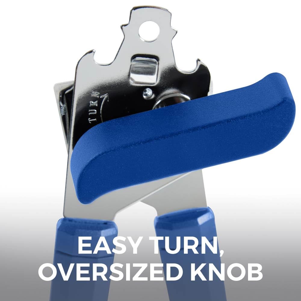 Home Genie Stainless Steel Blade and Rust Resistant Manual Can Opener, HandHeld Easy Turn Knob, Smooth Edge Cut on Lids, Large Handles with Bottle Top Openers, Kitchen Tool Accessories, Pitch Black