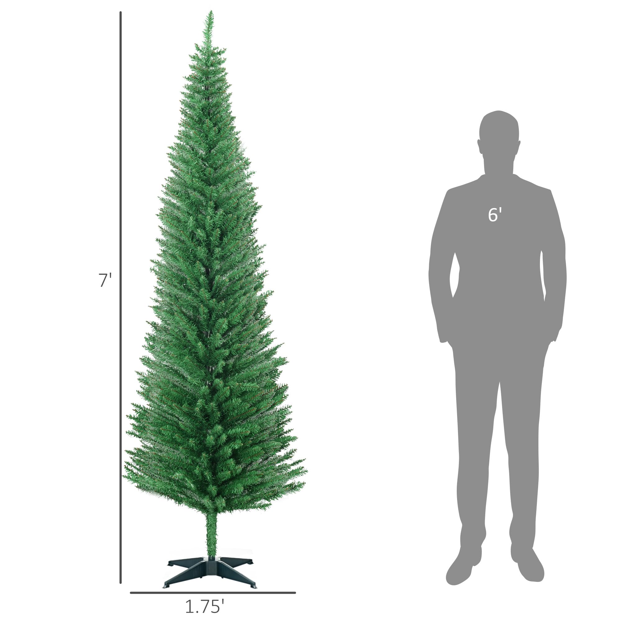 HOMCOM 7' Artificial Pencil Christmas Tree, Slim Xmas Tree with 499 Realistic Branch Tips and Plastic Stand, Light Green