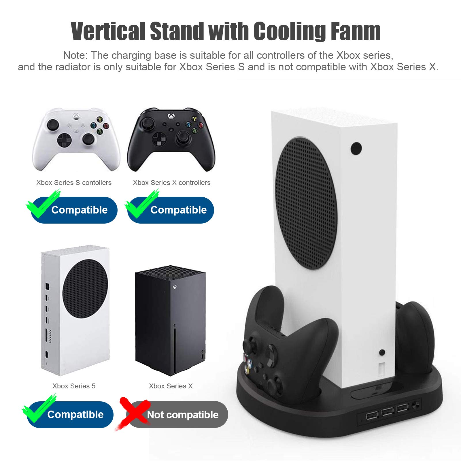 ICQUANZX Vertical Stand for Xbox Series S with Cooling Fan Xbox Series S Stand Controller Charge Station with Dual Controllers EXT Port Charger Dock and 3 USB HUB