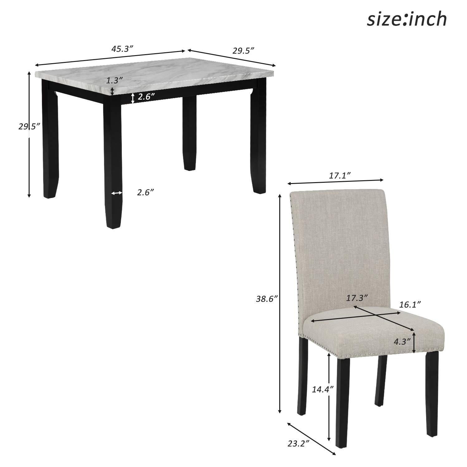 Merax 5 Piece Faux Marble Dining Table Set with 4 Thicken Cushion Chairs for Living Room, White+Beige