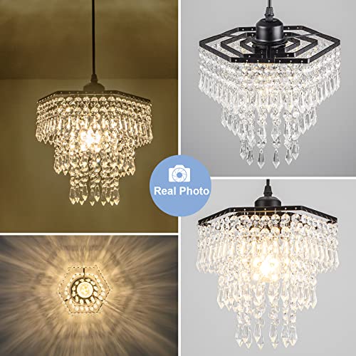 HongnuoFc 3-Tier Crystal Chandeliers Modern Mini Flush Mount Ceiling Light Fixture Hexagon Small Crystal Chandelier for Dining Room Kitchen Closet Hallway (Black, E26)