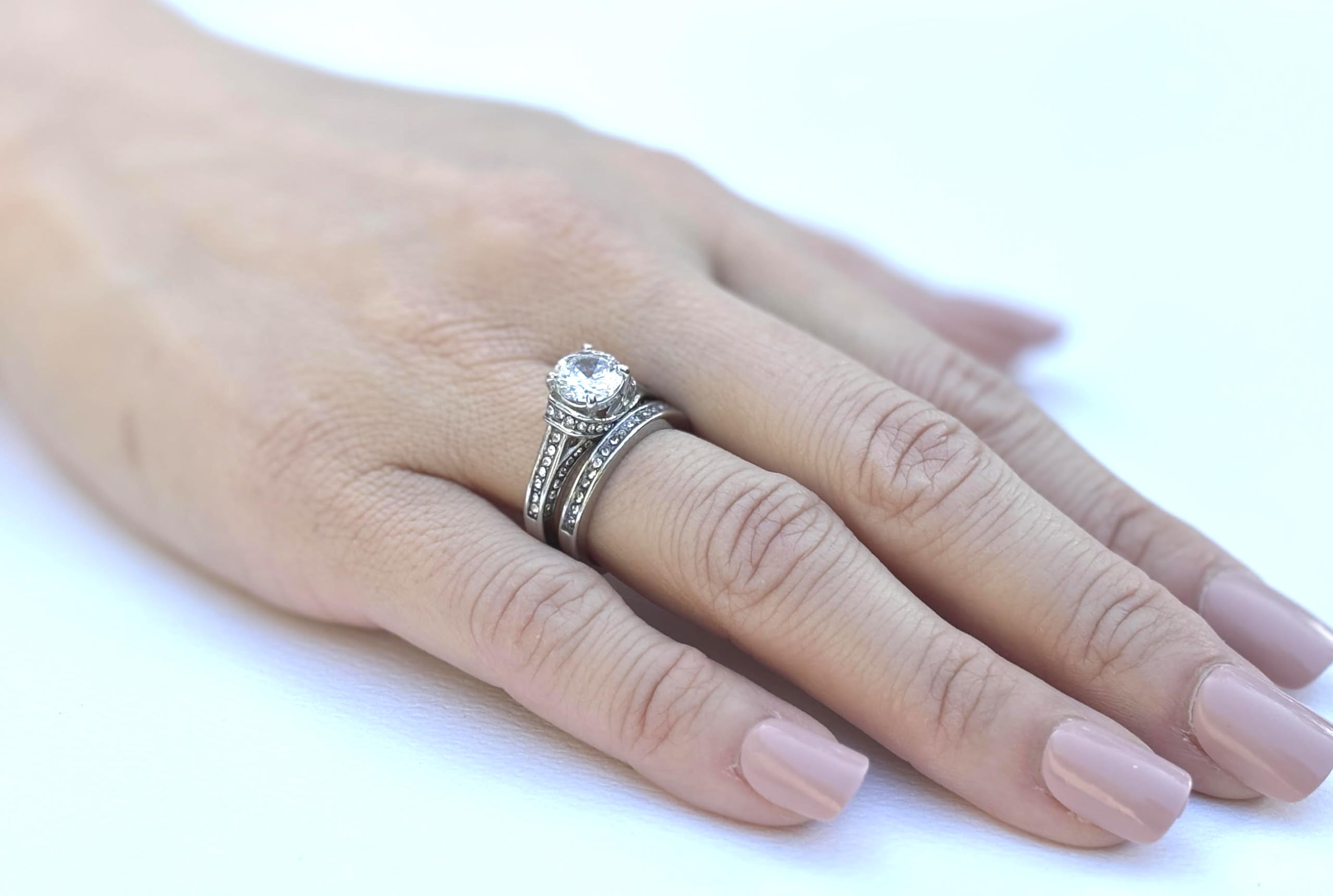 His Hers Couples Ring Set Womens Round CZ Stainless Steel Wedding Ring Set Mens Matching Band - Size W6M9