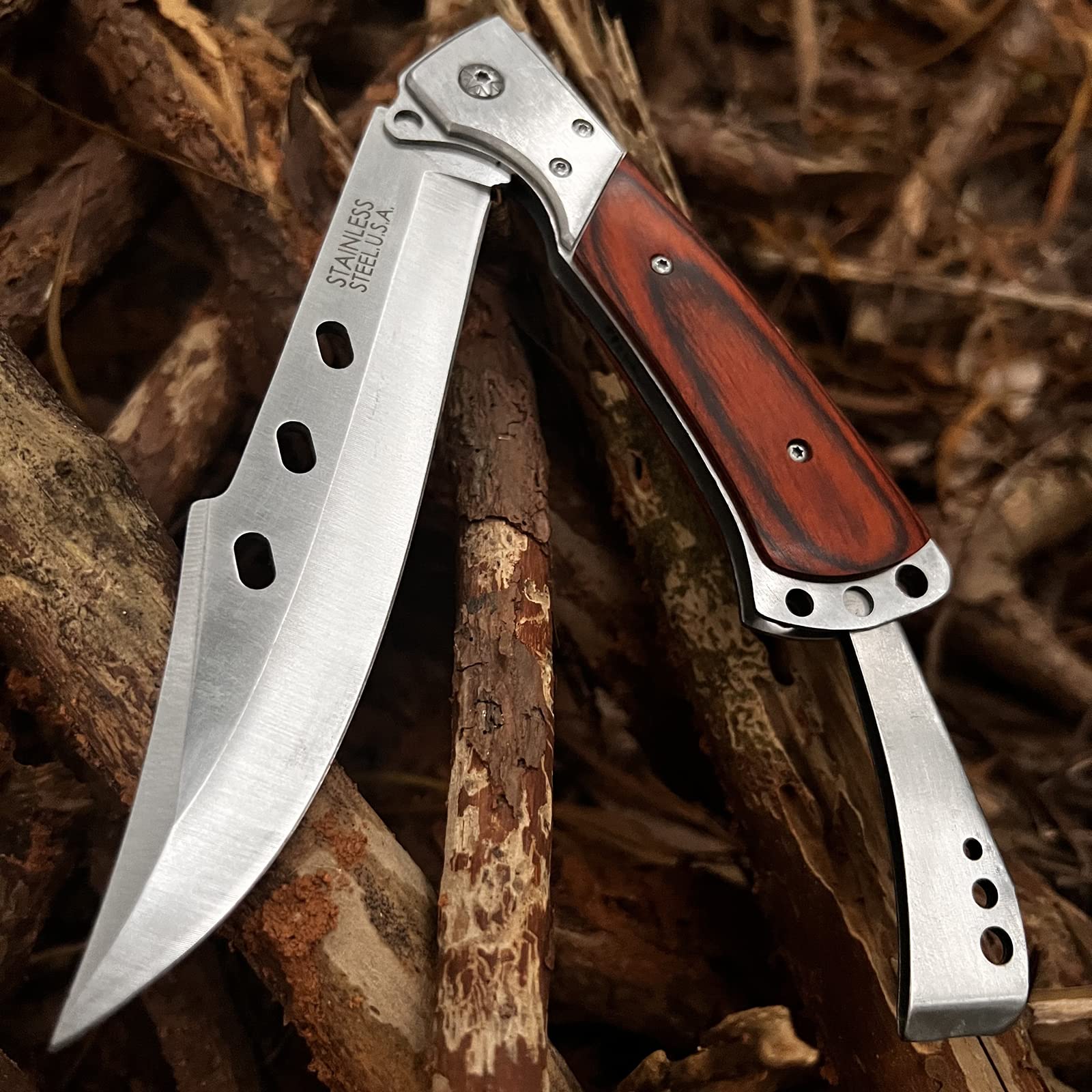 HOLYEDGE 10.5" Folding Tactical Knife with Rosewood Handle - Best EDC Pocket Tactical Outdoor Survival Knife