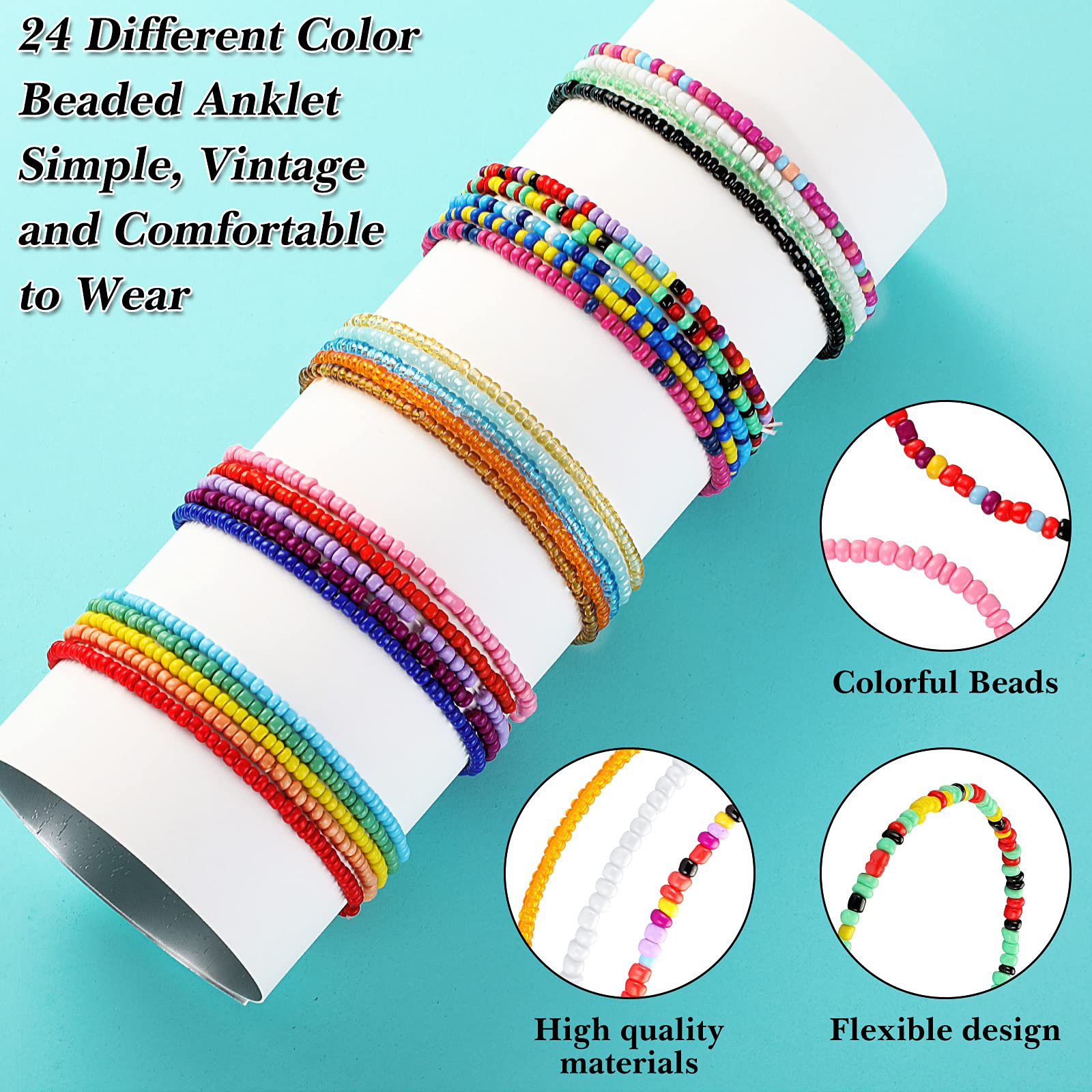 Jadive 24 Pieces Colorful Beaded Anklets Handmade Elastic Boho Beaded Ankle Bracelets Adjustable Foot Chain for Women Girls
