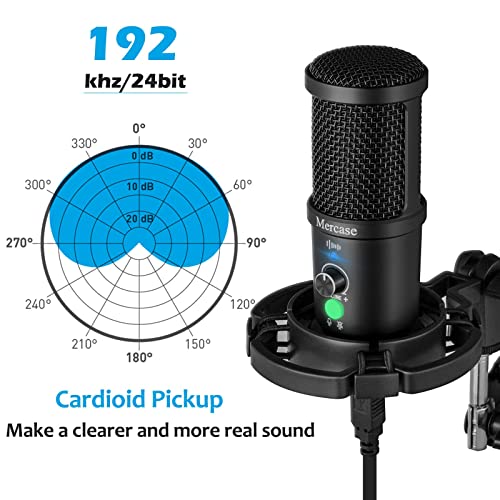 Mercase USB Condenser Microphone, 192KHZ/24Bit Mic kit Plug & Play with Mute Button,Real-time Monitoring, Noise Canceling,Microphone with Adjustment Arm Stand