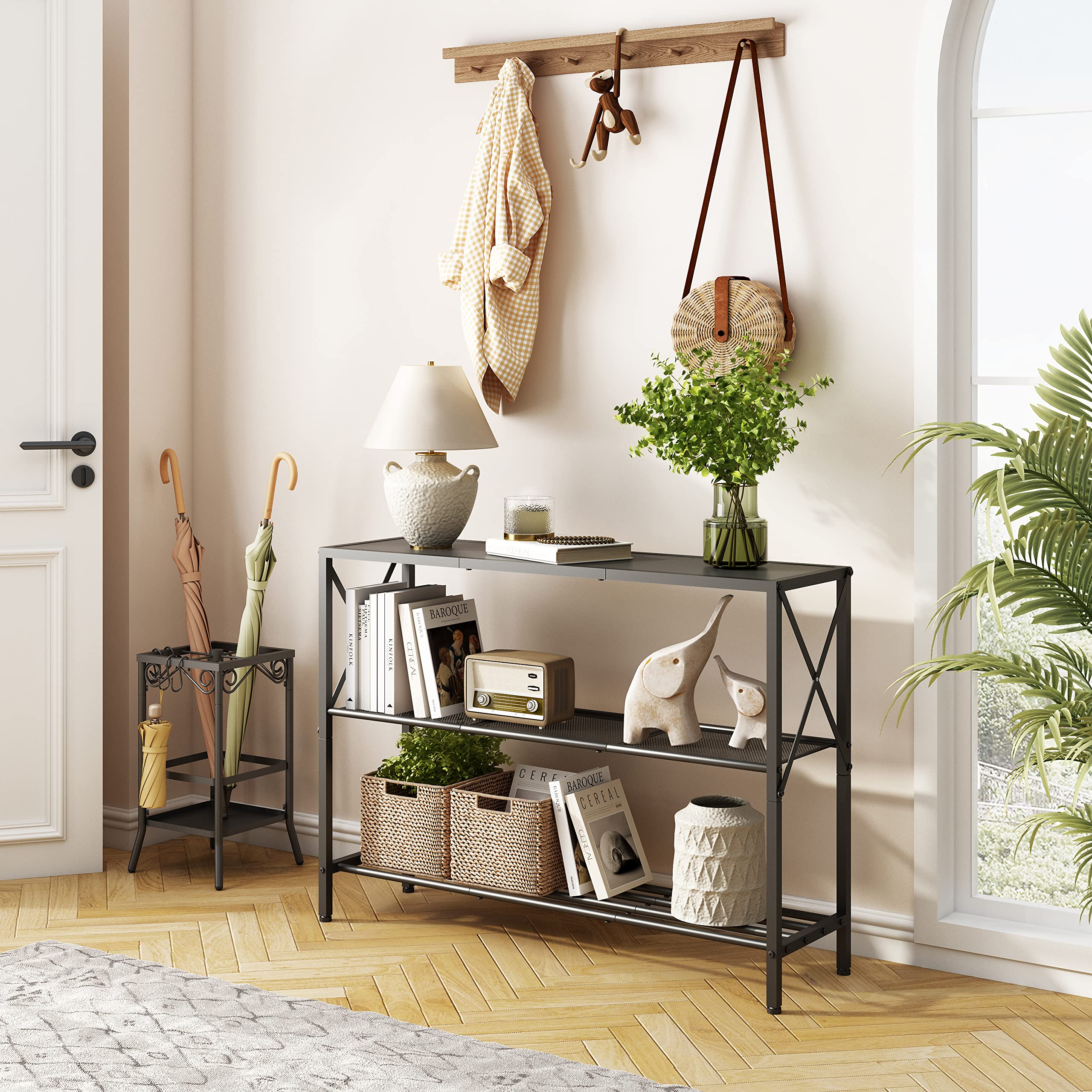 Hoctieon Gold Console Table, 3 Tier Entryway Table, Hallway Table, Narrow Sofa Table with Shelves, Entrance Table for Entryway, Gold and White