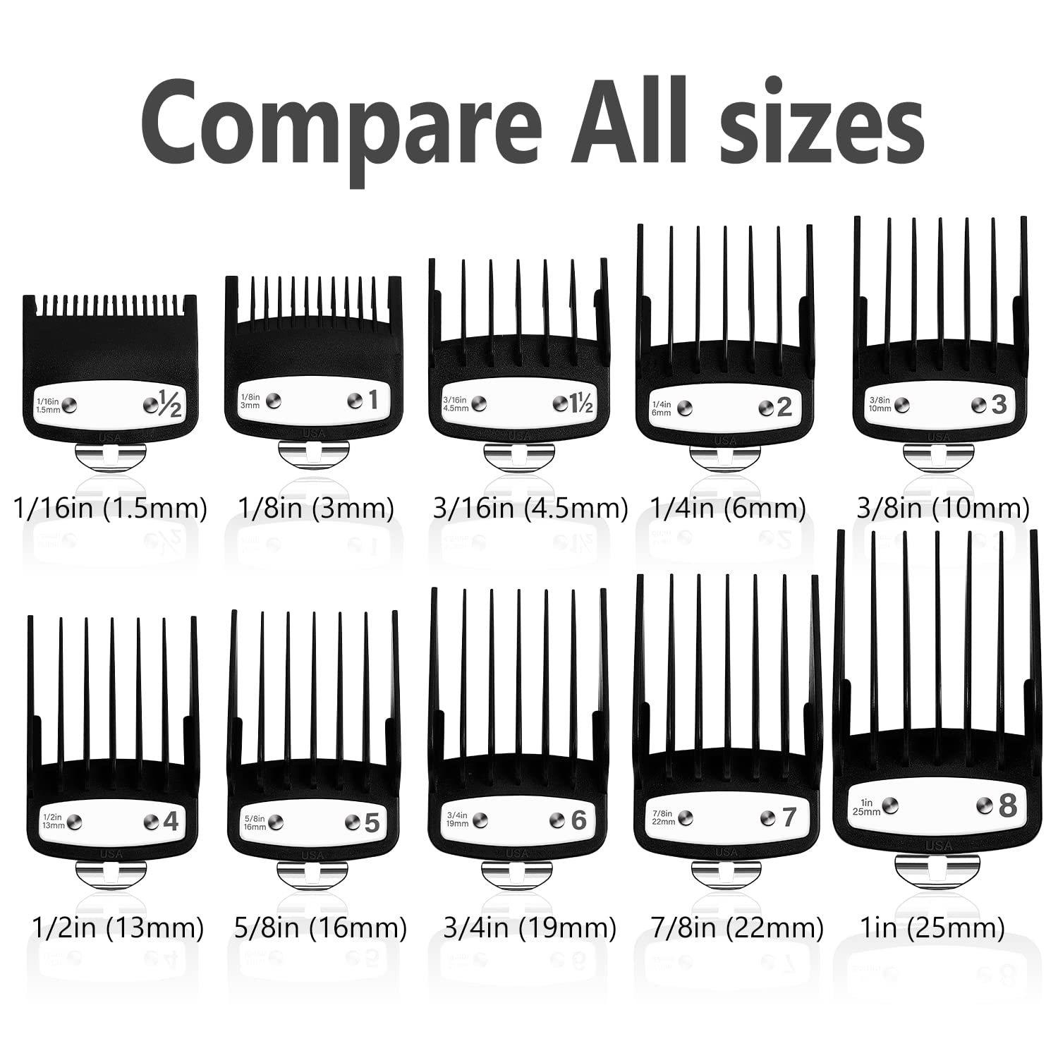 Professional Hair Clipper Guards Guides 10 Pack Coded Cutting Guides #3170-400- 1/16β to 1 fits for All Wahl Clippers