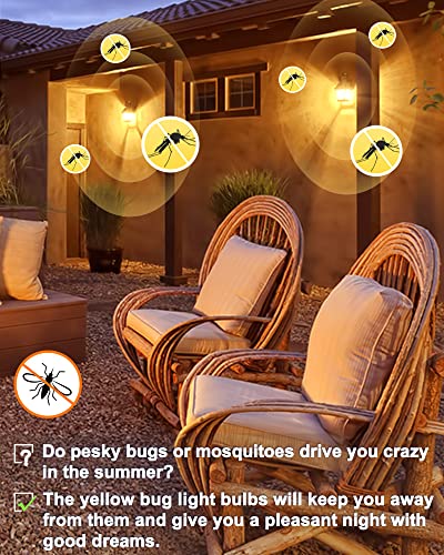 Yellow LED Bug Light Bulbs Outside, A19 LED Yellow Bug Bulb Outdoor 60W Equivalent, 9W Yellow Amber Bug Lights E26 Base Porch Lights, Non-Dimmable LED Lighting for Home, Patio, Deck, Backyard, 4 Pack