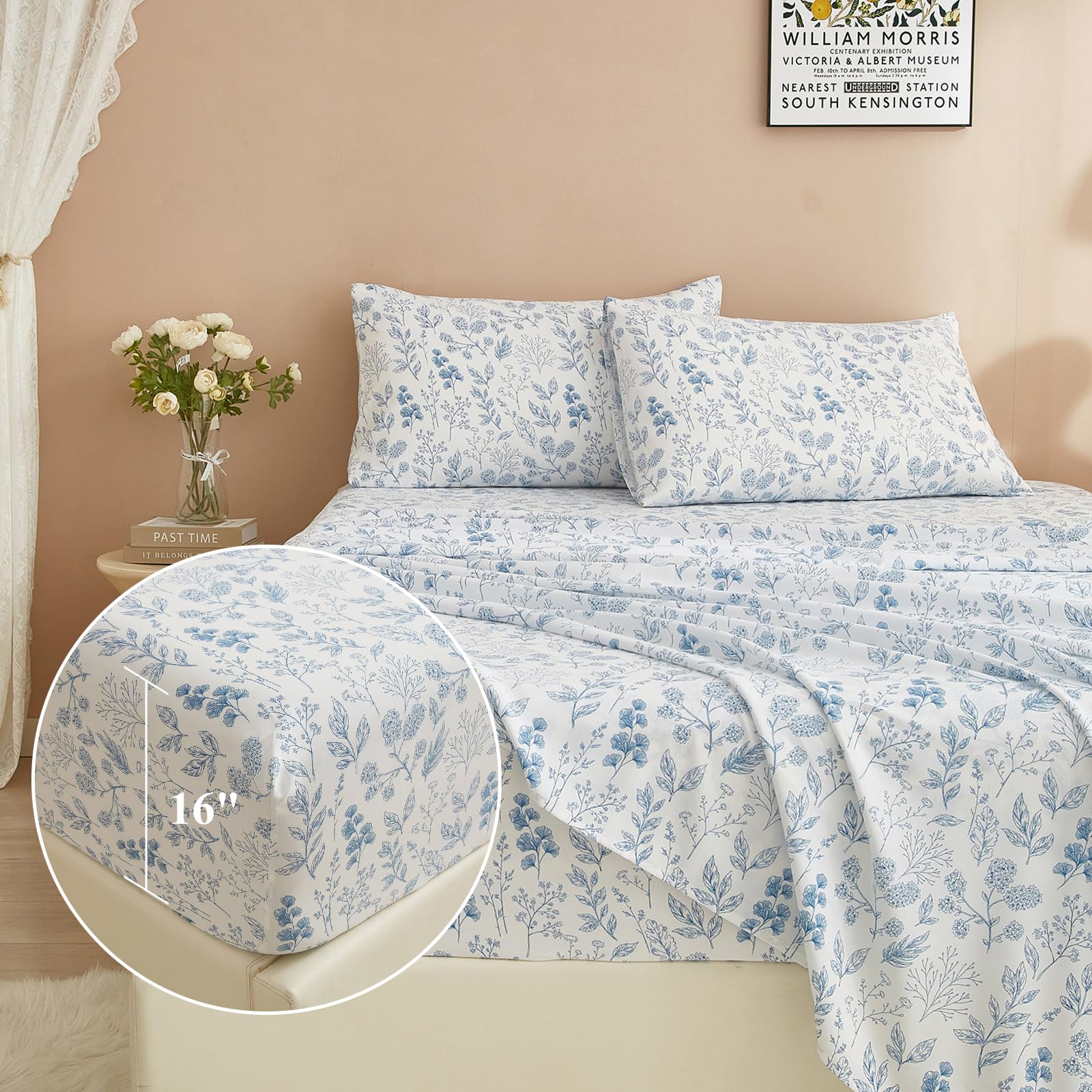 HighBuy Blue Floral King Sheets Set 4 Piece Cooling Bedding Sheet Set - Soft White Deep Pocket 16" - Easy Soft Fitted Sheet King Boho Floral,Flat Sheet,2 Pillowcases Set,Wrinkle Resistant