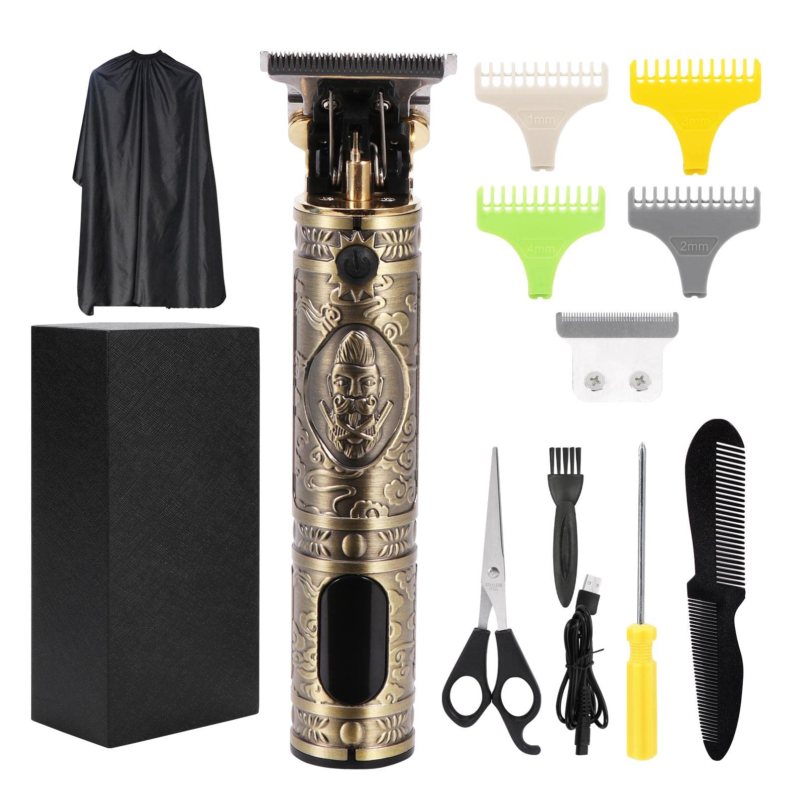 Professional Recharge Hair Trimmer Kit for Man,LCD Display Cordless Body Hair Clipper,Electric T Blade Zero Gapper Beard Shaver with Guide Comb and Smock(Bronze)