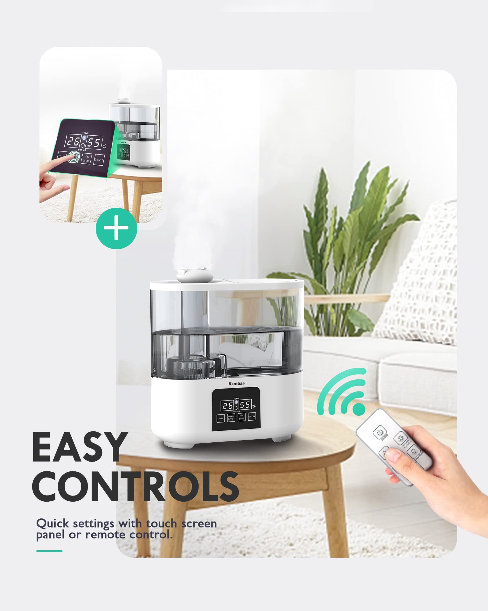 Humidifiers for Bedroom Large Room, 3.5L Cool Mist Ultrasonic Air Vaporizer for Baby Room Plants, Customized Humidity, Auto Mode & Ultra-Quiet Sleep Mode Remote Control, White, Keebar