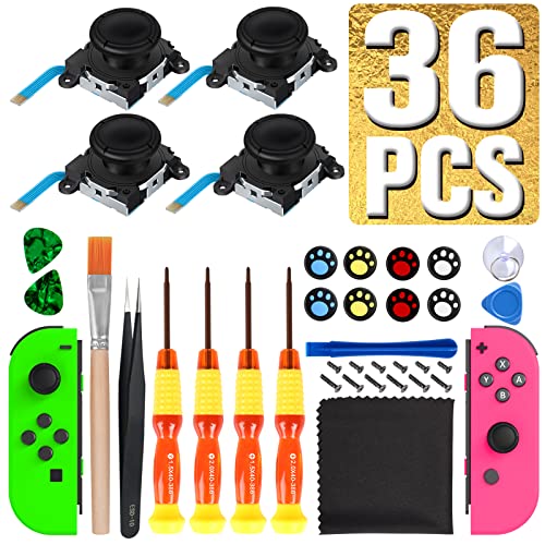 Joycon Joystick Replacement, Joycon Repair Kit 36 PCS , 4 Pack Joystick Analog Sticks Left/Right Thumb Sticks for for Nintendo Switch Joy Con Controller, NS Repair Tool with Thumbstick Grips & Screws