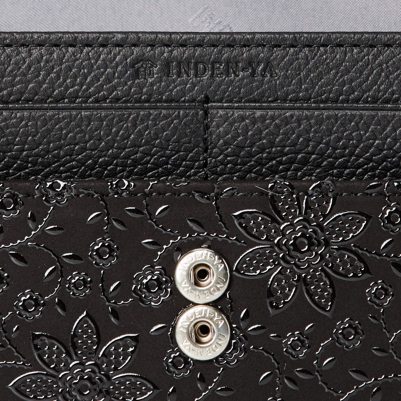 Indenya 2314-01-169 Long Wallet, Bundle Z, Black Deerskin x Black Lacquer, Clematis Pattern