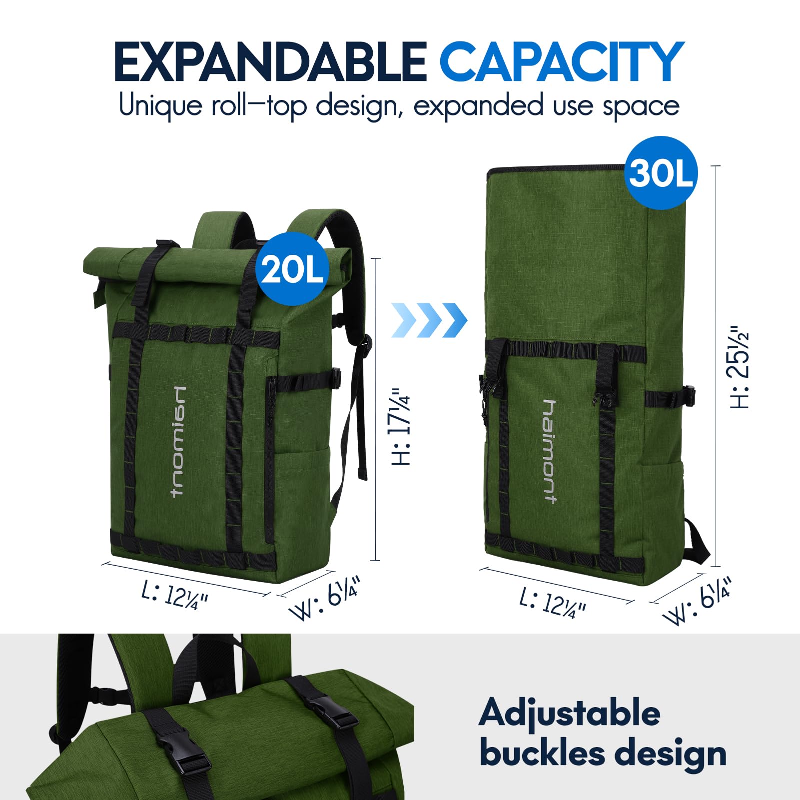 Haimont Rolltop Travel Backpack for Men Women, Water-Resistant Backpack Bookbag for Women Men Casual Laptop Backpacks 20L, Khaki