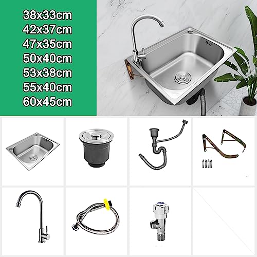Small Wall Mounted Bathroom Sink, Stainless Steel Hand Sink with Cold Alone Faucet, Utility Laundry Portable Handwashing Station, for Garage Garden Kitchen Laundry Room, Outdoor,55x40cm