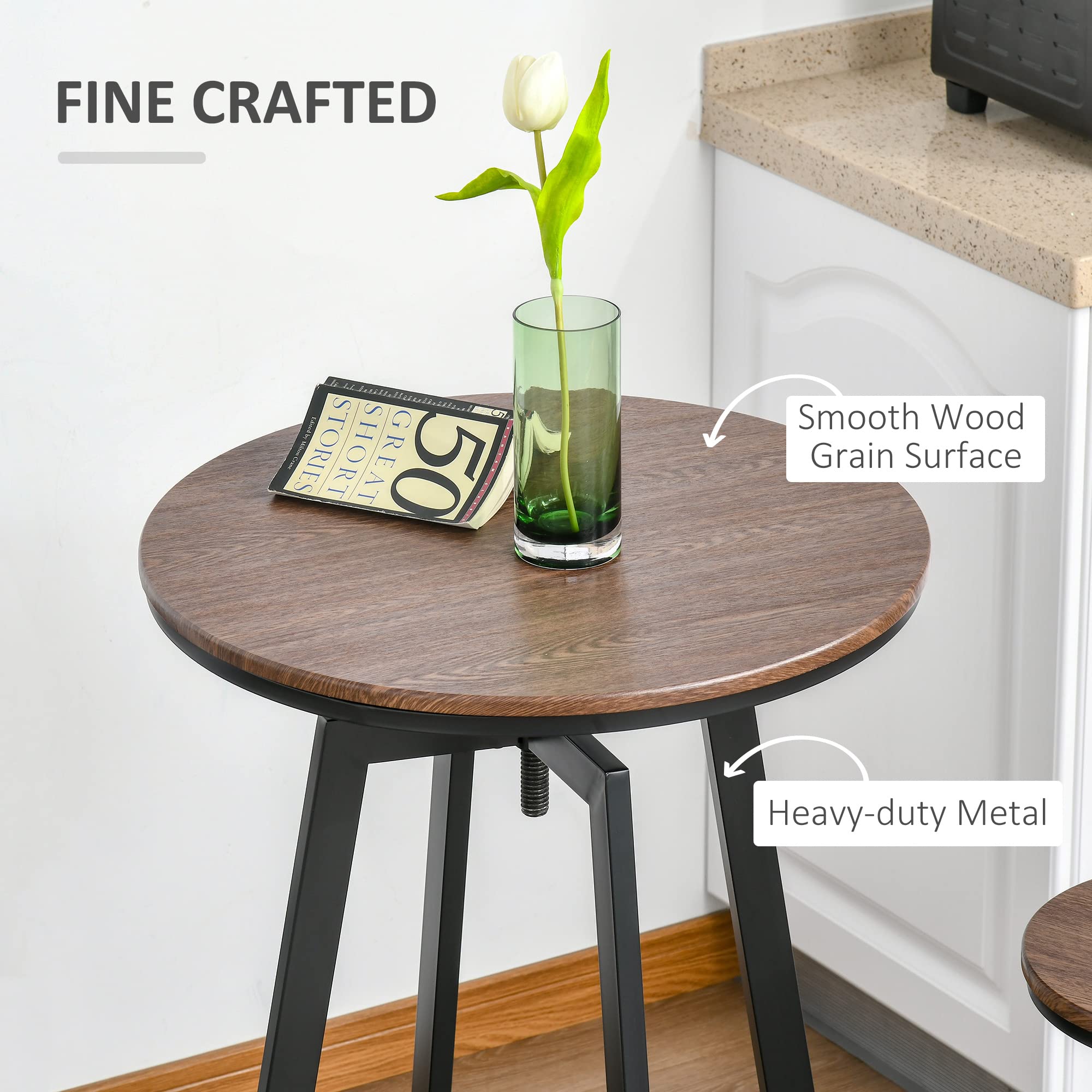 HOMCOM 3 Piece Industrial Adjustable Bar Table Set, Bar Height Bistro Table and Swivel Pub Stools for Small Space