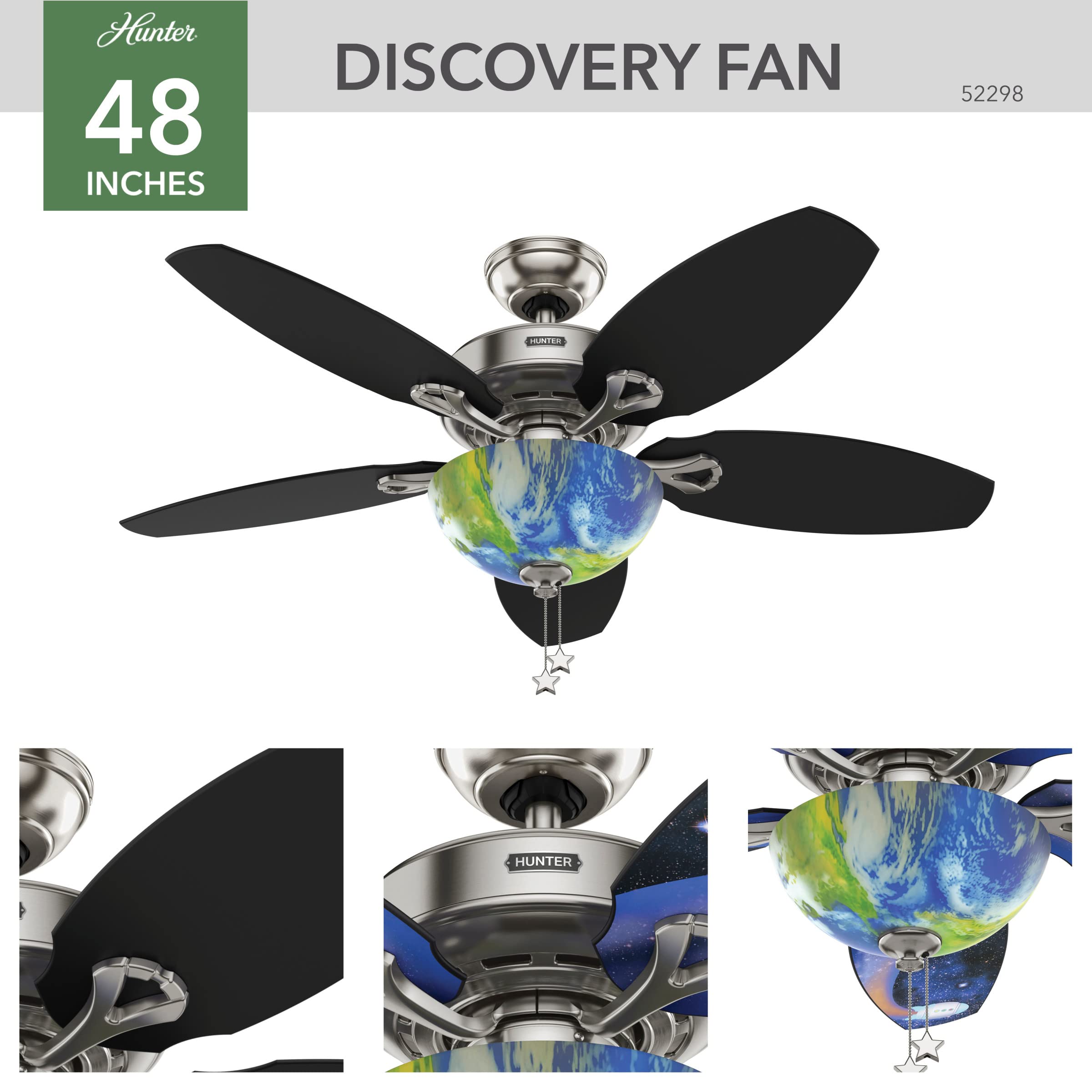 Hunter Fan Company Discovery 48-inch Indoor Brushed Nickel Transitional Ceiling Fan With Bright LED Light Kit, Pull Chains, and Reversible WhisperWind Motor Included