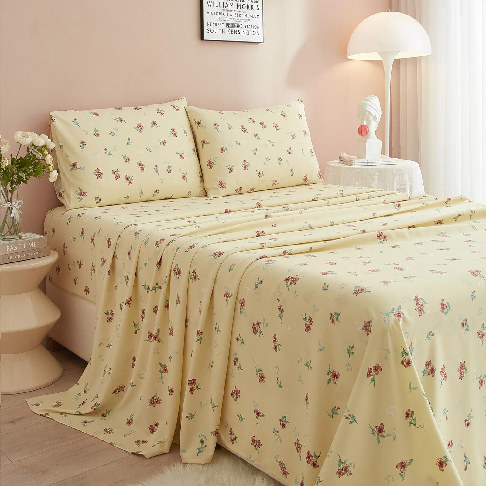 HIGHBUY Extra Deep Pocket Full Sheets - 4 Piece Floral Sheets Bed Sheets Fit 16 Mattress - Luxury Soft Cooling Sheets Fitted Sheets Full Size,Deep Pocket Full Sheets,Yellow Floral Bed Sheets