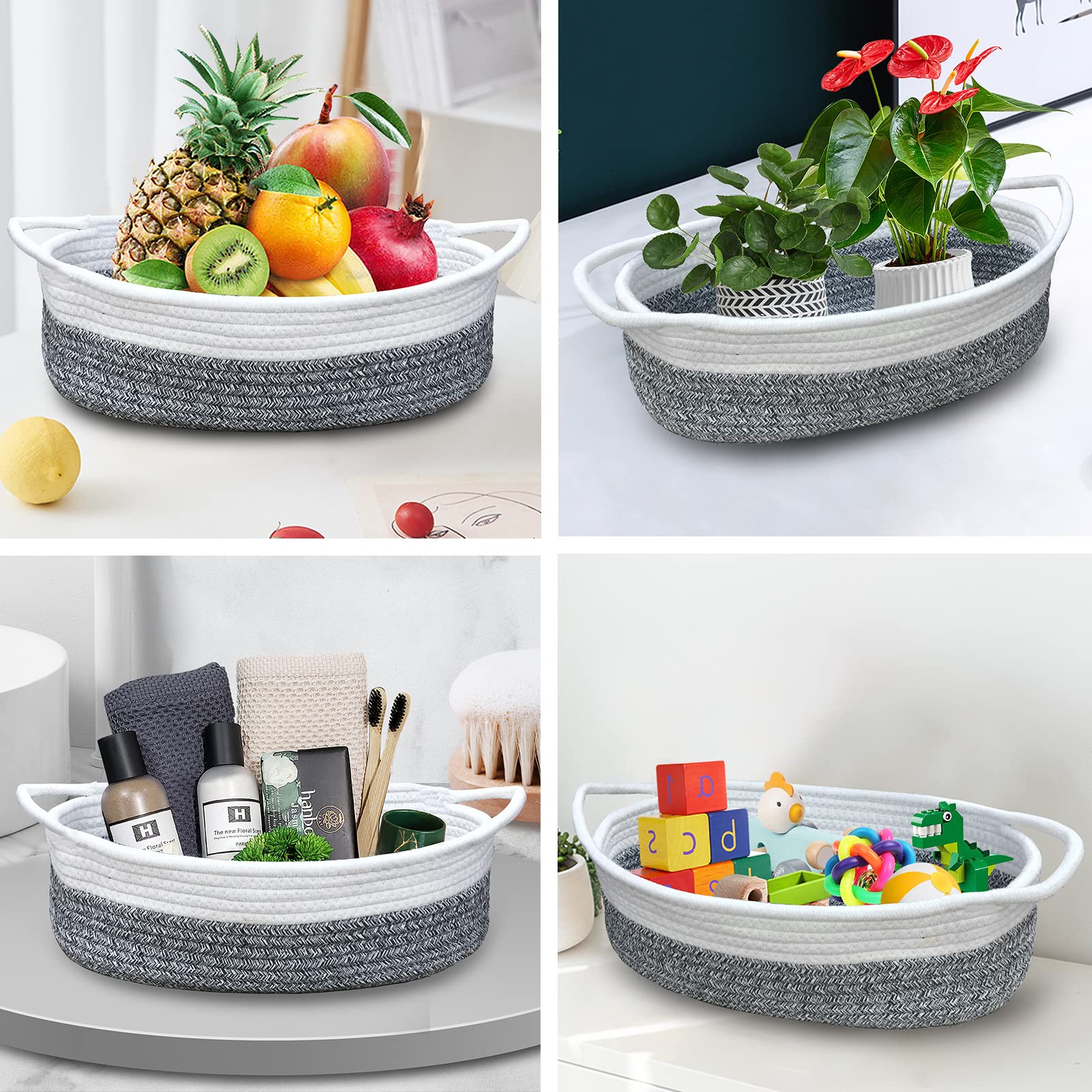 Small Woven Basket Cute Rope Basket Cotton Basket Baby Room Storage Basket Dog Toy Basket with Handles Empty Gift Basket for Shelf 13.2"x 8" x 5" Easter Basket Oval Empty Gift Basket (Grey White)