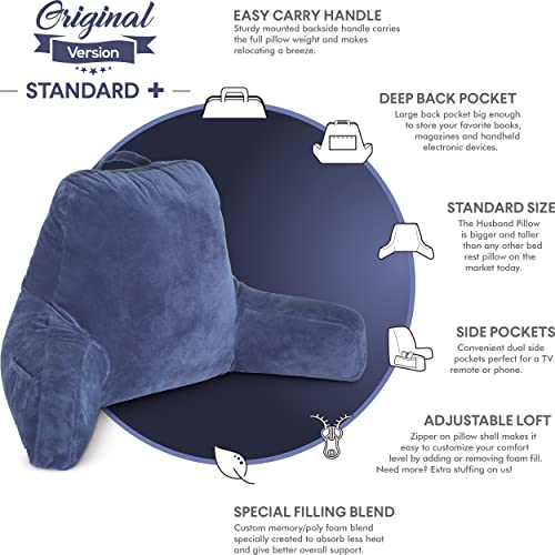 Husband Pillow Combo - Backrest Pillow with Arms : Standard Dark Blue & Lap Desk Bed Tray : Grey - Memory Foam Reading Pillows for Bed & Laptop Bed Tray Table