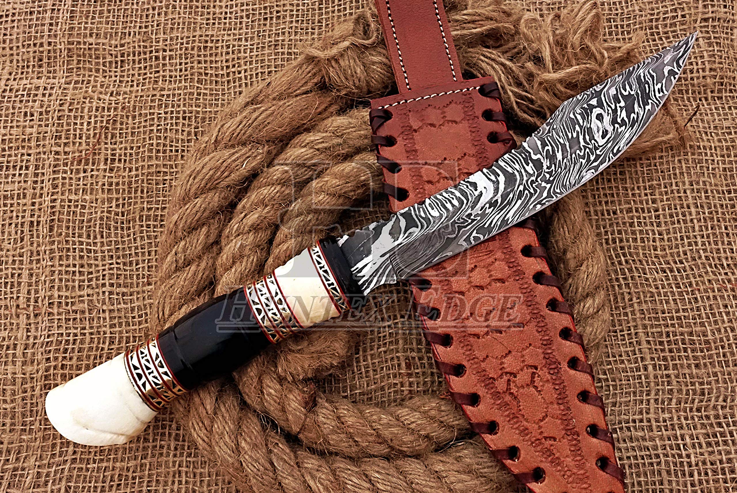HUNTEX Unique Custom Handmade Hand-Forged Ladder Pattern Damascus Steel 12 Inch Long Full Tang Buffalo Horn Handle Razor Sharp Hunting Camping Spay Point Slicer Knife with Genuine Leather Sheath