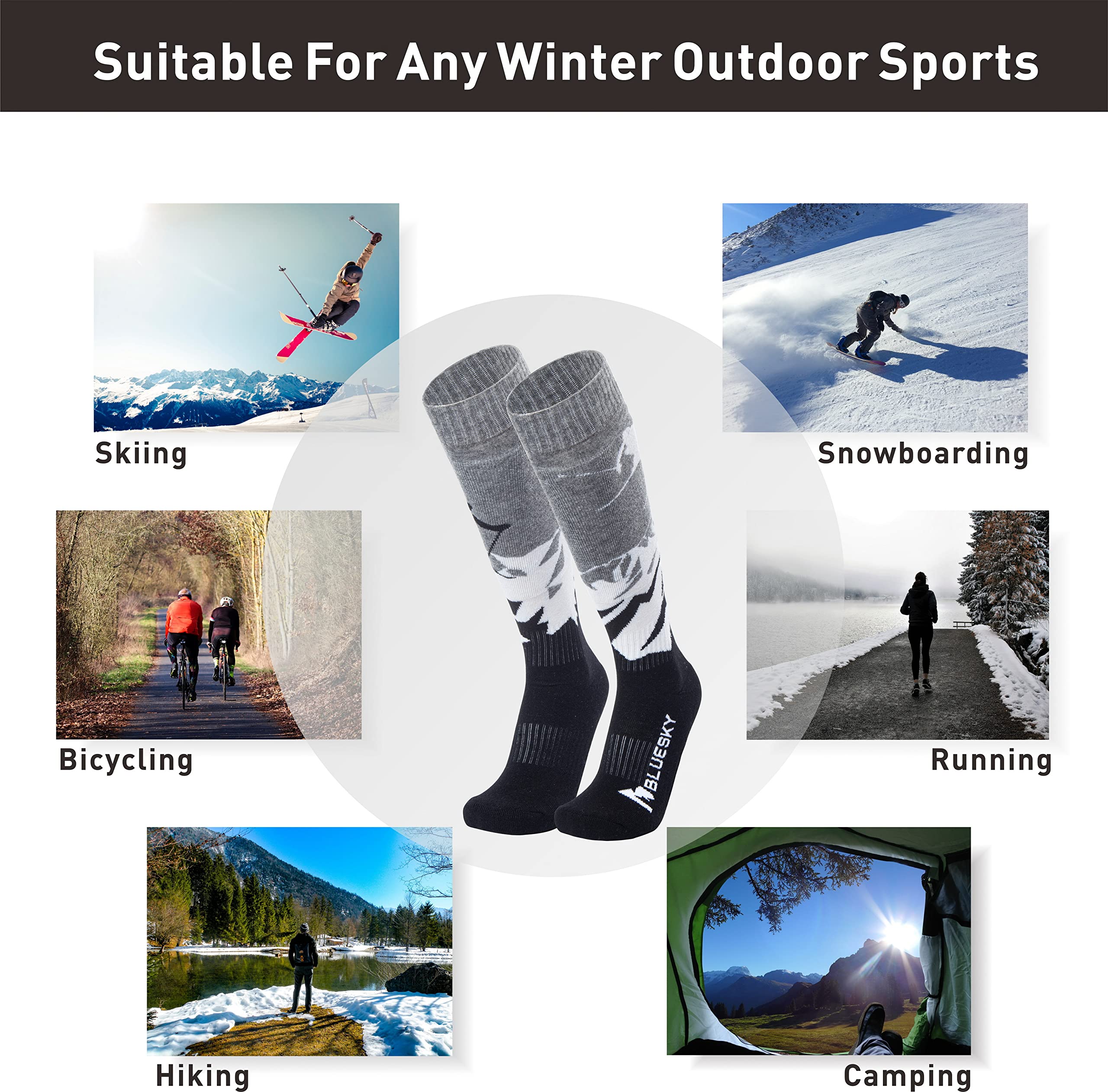 Merino Wool Ski Socks / Hiking Socks for Men&Women, Sportsman (Black Large)