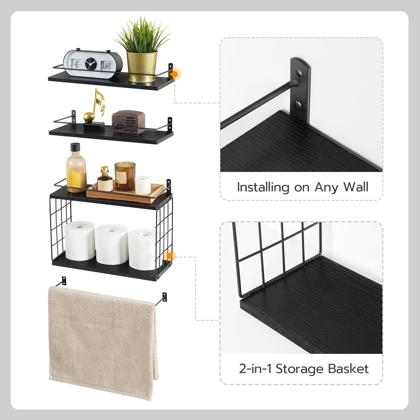 HOOBRO 4+1 Tier Floating Shelves, Bathroom Shelves Over Toilet with Wire Storage Basket, Wall Mounted Floating Shelf Organizer, Rustic Brown BF30BJ01