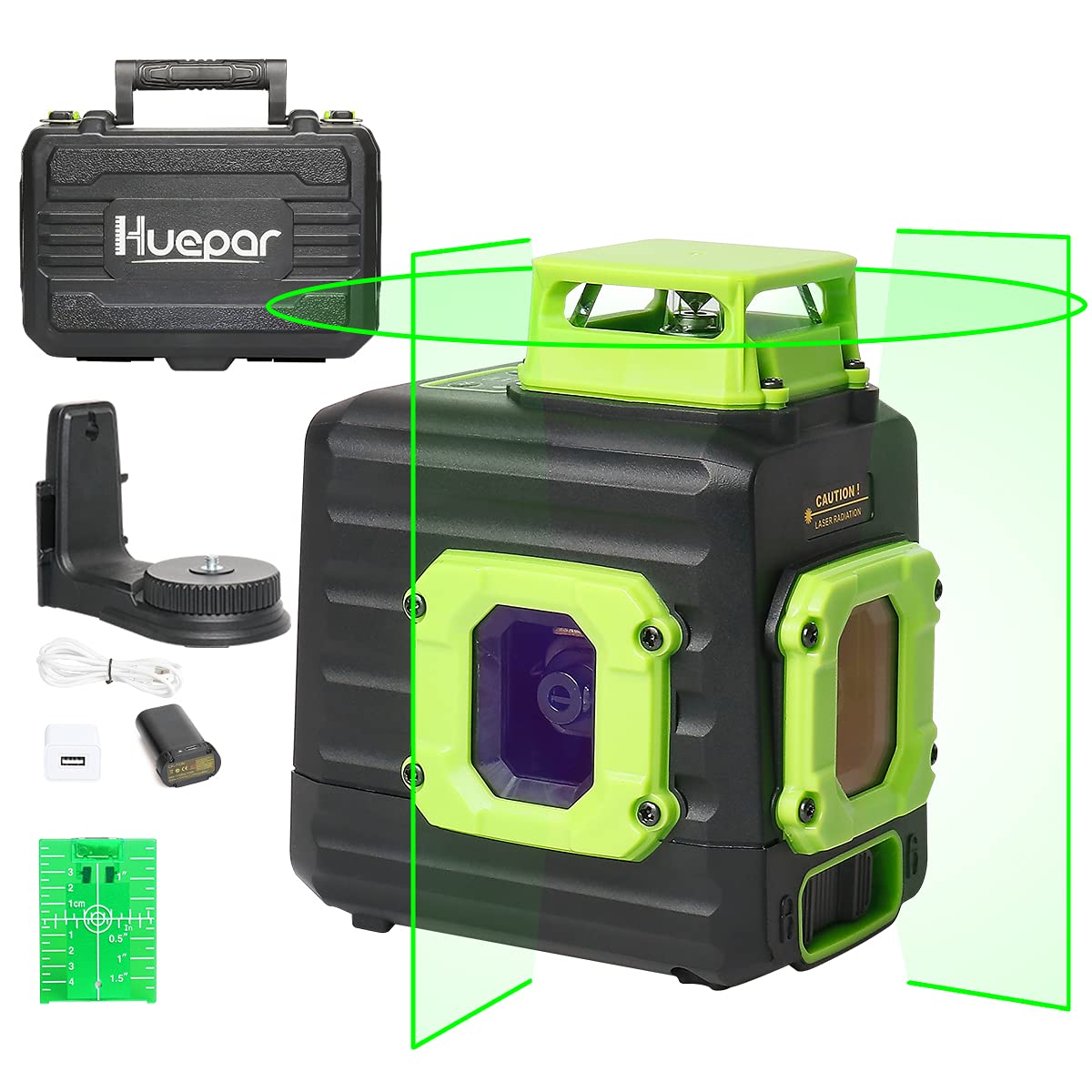 Huepar Cross Line Laser Level, Green 360° Horizontal and Two Vertical Lines, Self-Leveling Alignment Multi Line Laser Tool, Li-ion Battery with Type-C Charging Port & Hard Carry Case Included - B21CG