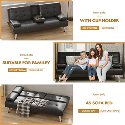 YESHOMY Convertible Folding Futon Sofa Bed Sleeper Couch for Living Room Faux Leather Upholstered Loveseat w/Removable Armrests, Metal Legs, 2 Cup Holders, Dark Black