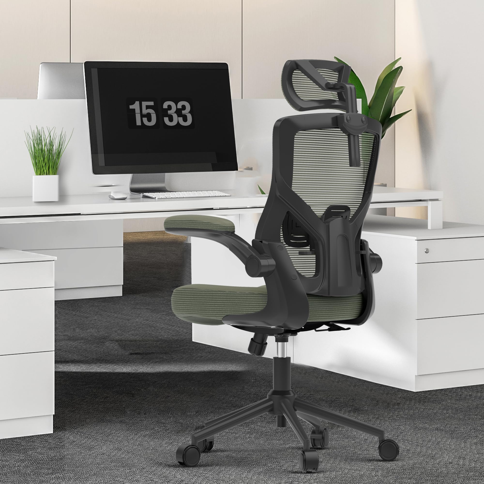 π―πΆπ΄π¬ πΆπππ°πͺπ¬ πͺπ―π¨π°πΉ, Ergonomic Mesh Desk Chair, High Back Computer Chair- Adjustable Headrest with Flip-Up Arms, Lumbar Support, Swivel Executive Task Chair (Hunter Green, Modern)