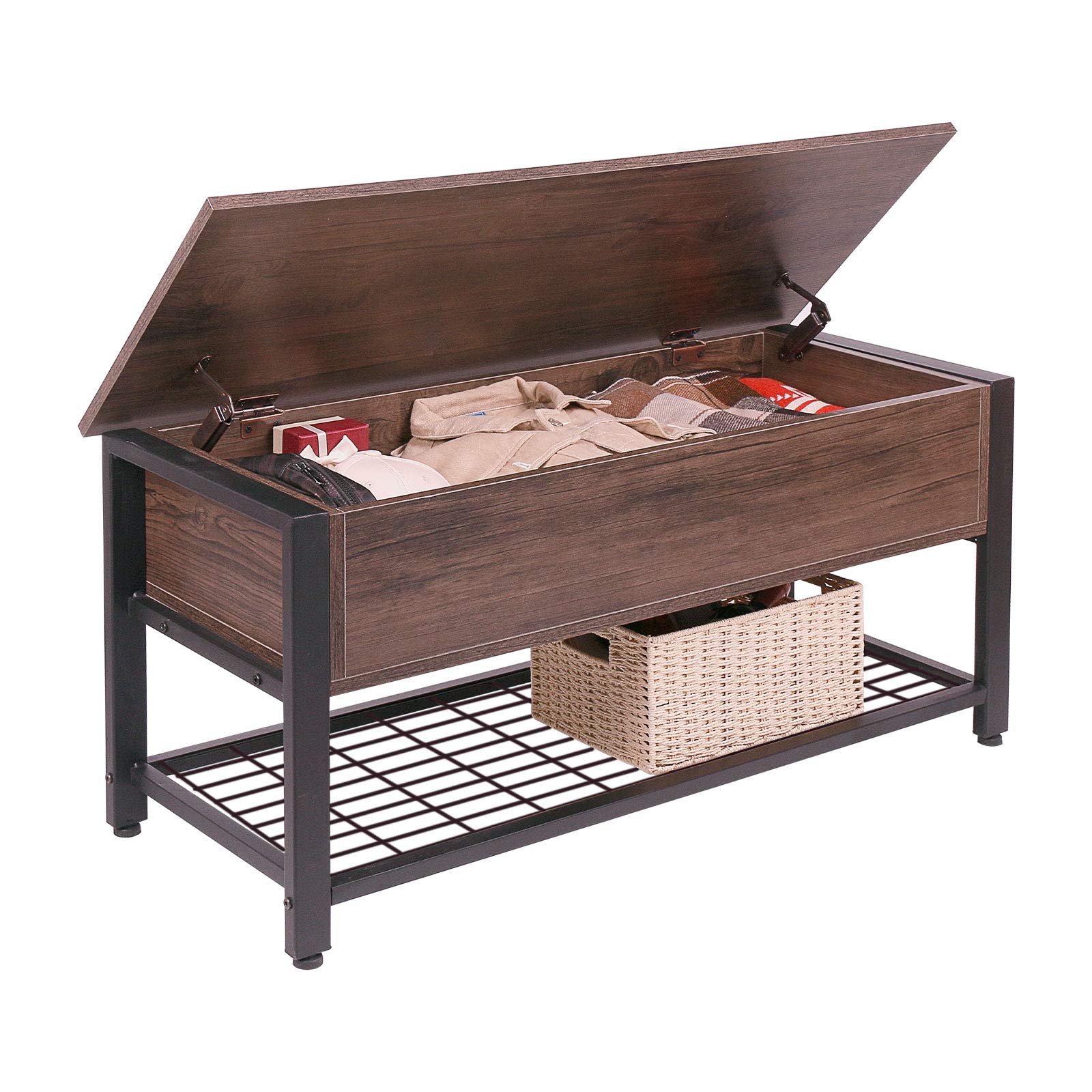 HOMEKOKO Industrial Storage Bench, Entryway Lift Top Shoe Storage Bench in Dining Room, Hallway, Living Room Metal Frame (Rustic Brown)