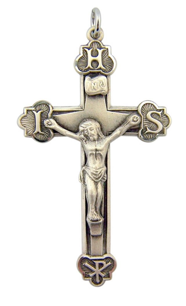 HMHReligiousMfg Sterling Silver Crucifix with IHS and Chi Rho Cross Design, 1 7/8 Inch