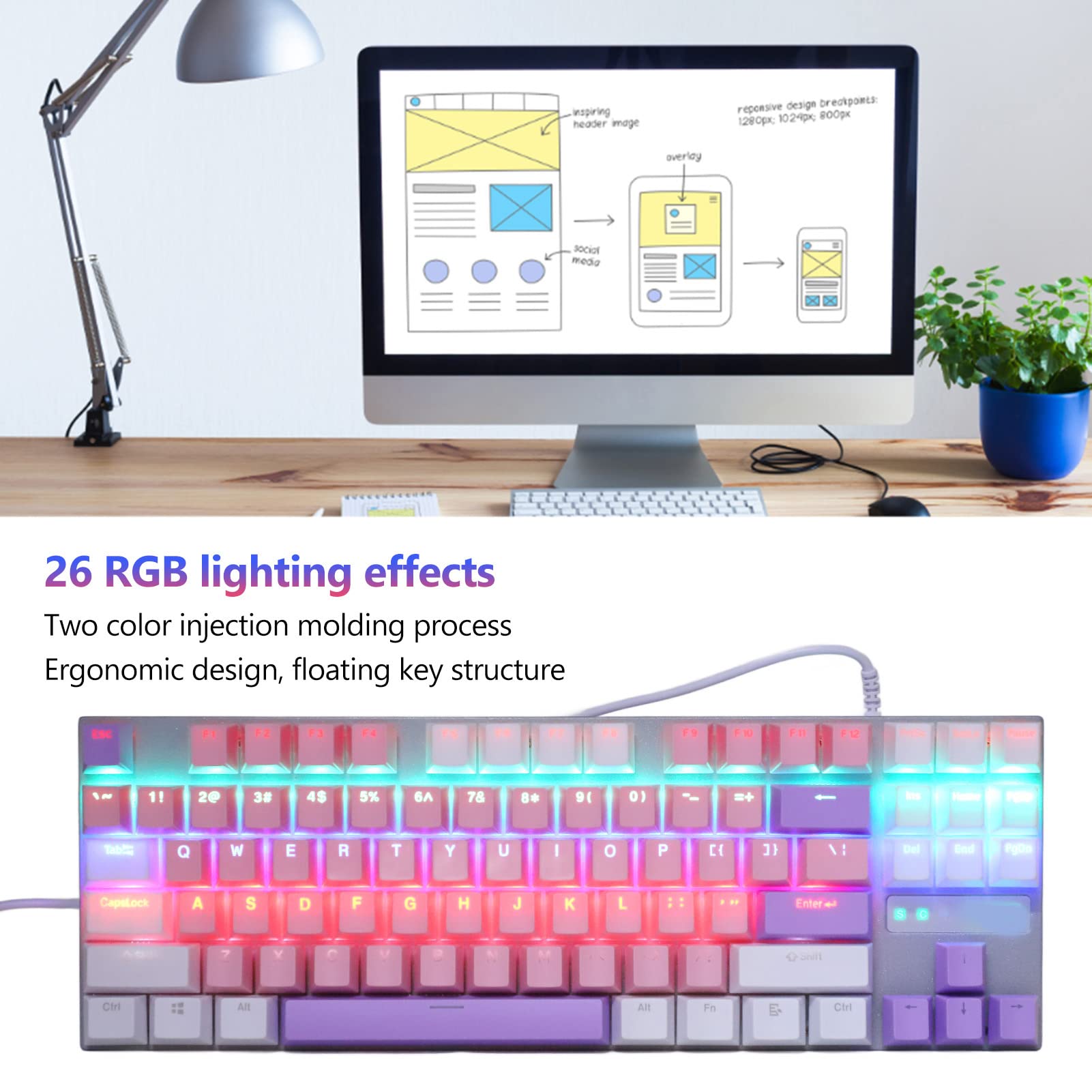 Septpenta Red Switch Mechanical Keyboard, 26 RGB Lighting Effects, Conflict Free Design, Splash Proof Drainage Holes, 87 Key Ergonomic Gaming Keyboard(Pink, White and Purple)