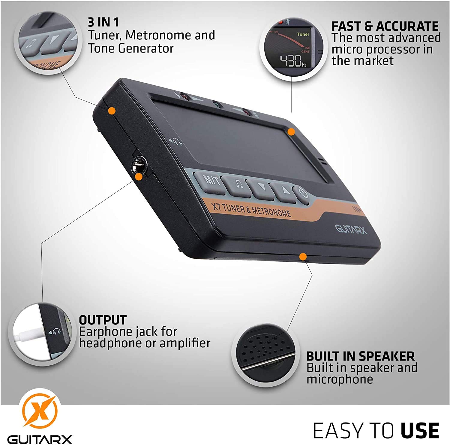 GUITARX X7 - Chromatic Tuner Metronome and Tone Generator for All Instruments - Chromatic, Ukulele, Violin, and Bass Tuning Modes - #1 Among Guitar Tuners - Most Advanced Sensor in The Market