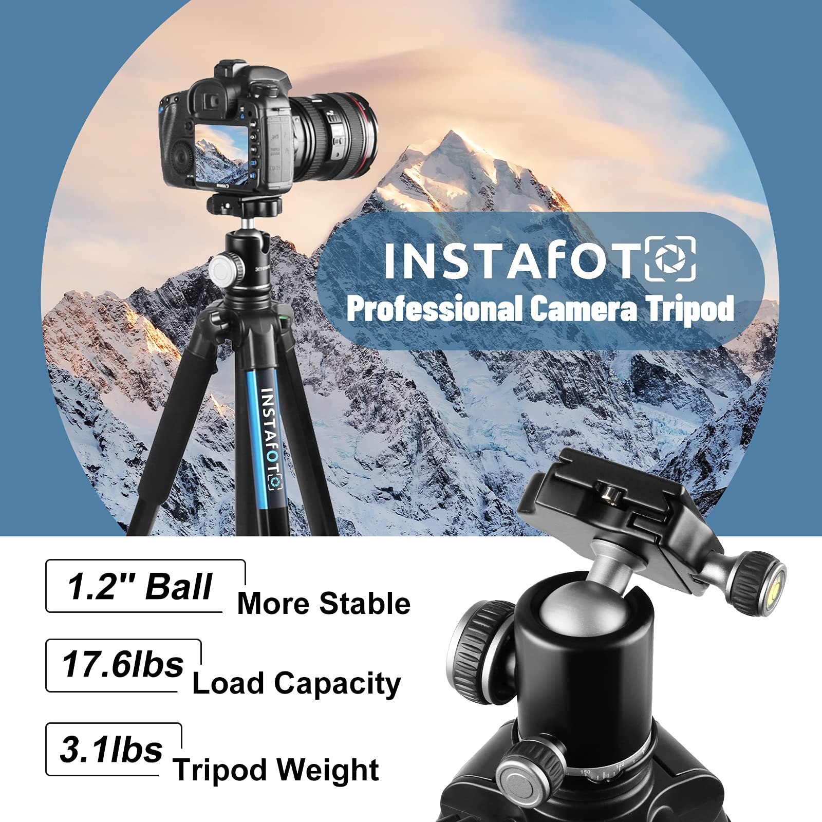 Instafoto 74'' Camera Tripod with Full Aluminum Ball Head, DSLR Tripod for Camera Canon Nikon with Quick-Release Plate, Phone/Tablet Holder & Carry Bag, Max. Load 17.6 lbs/ 8 kg