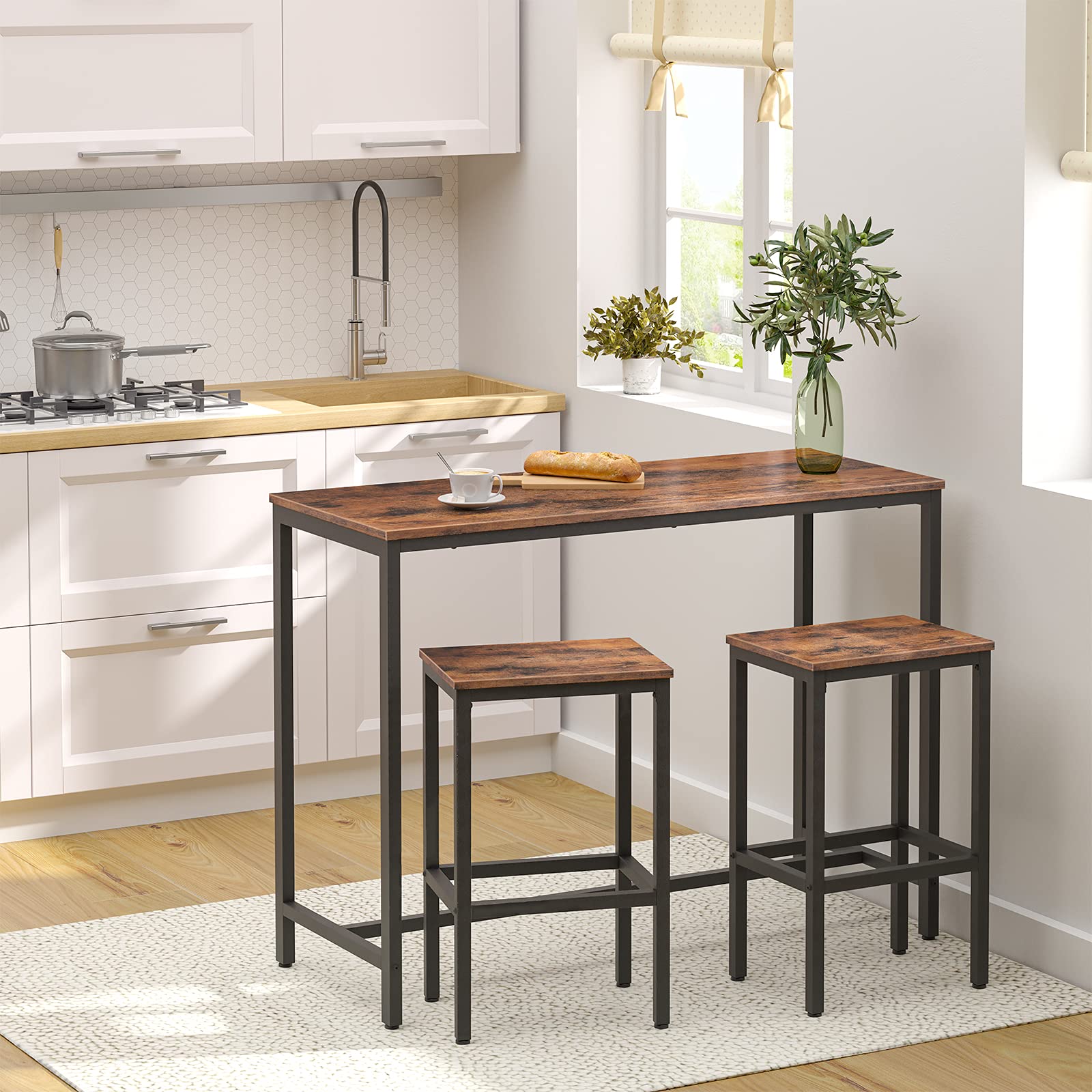 HOOBRO Bar Table and Bar Stools Bundle,47.2β Rectangular Pub Table, Dining Table for Living Room,Set of 2 Counter Height Saddle Stools,BF50BT01-WG05MD01