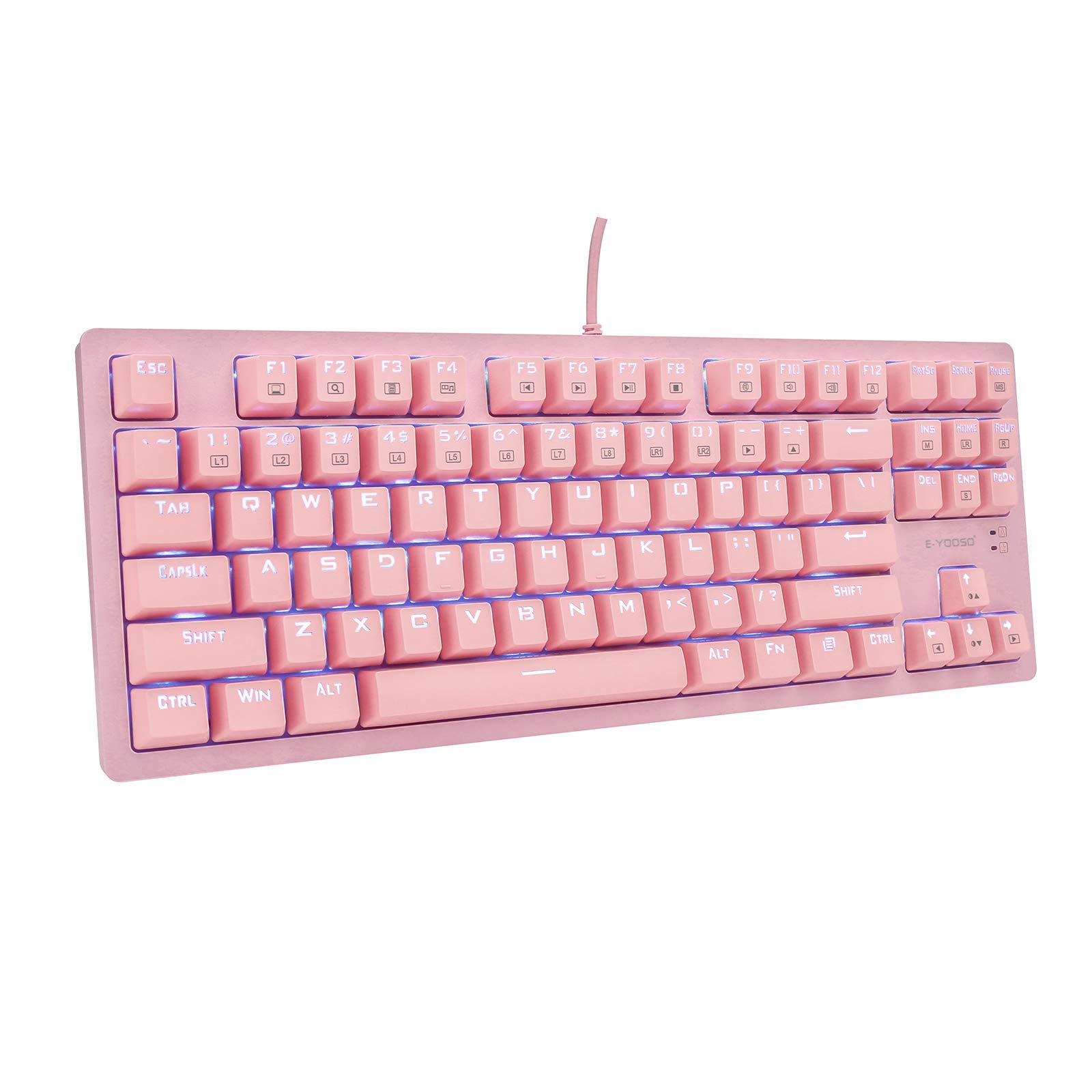 HUO JI E-Yooso K-620 Mechanical Gaming Keyboard, RGB Side Lit and LED Backlit with Blue Switches, Tenkeyless 87 Keys Anti-Ghosting for Mac, PC, Cute Pink