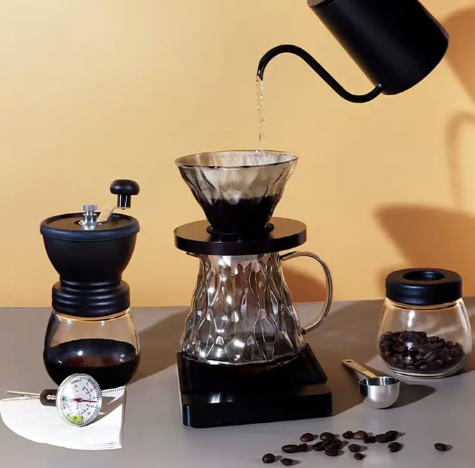 HYAXGM Pour Over Coffee Maker, 20oz/600ML Glass Carafe with Glass Coffee V60 Paper Filter 100 Sheets,Glass Pour Over Coffee Dripper With Wooden Base Stand,Drip Coffee Maker Set for Home or Office