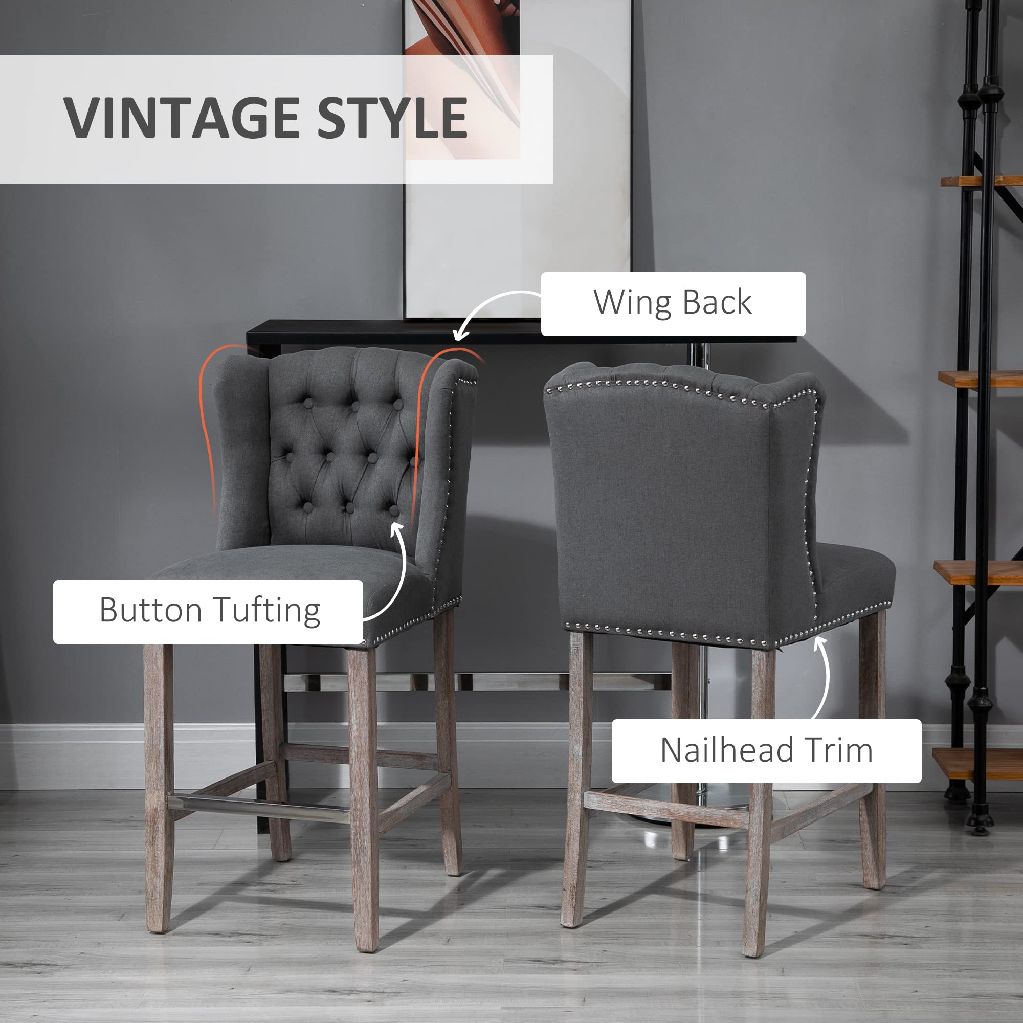HOMCOM Counter Height Bar Stools Set of 2, Upholstered 26.75" Seat Height Barstools, Breakfast Chairs with Nailhead-Trim & Tufted Back, Wood Legs, Deep Grey
