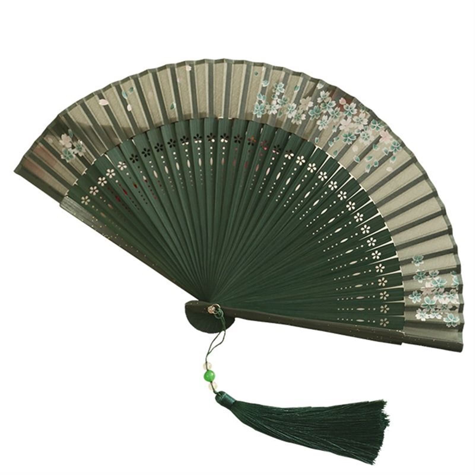 Lady's Girl's Vintage Retro Flower Pattern Handheld Folded Hand Fan, Bamboo Silk Folding Fan with Delicate Sleeve (Color : Green, Size : 7.1")