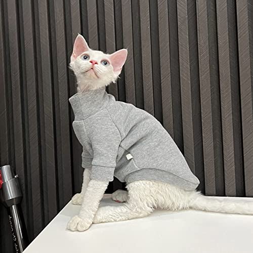 Sphynx Hairless Cat Clothes Autumn Thicken Soft Turtleneck Hoodies Solid Color Cotton Pullover Cat Sweatshirt Pet Clothes (XL(8.8-11lbs), Grey)