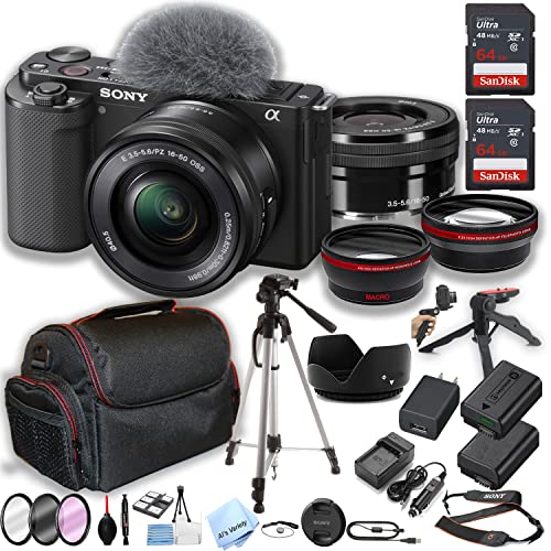 Sony ZV-E10 Mirrorless Camera with 16-50mm Lens 2pcs 64GB Memory + Case+ Tripod + Steady Grip Pod + Filters + Macro + 2X Lens + 2X Batteries + More (34pc Bundle) (Renewed)