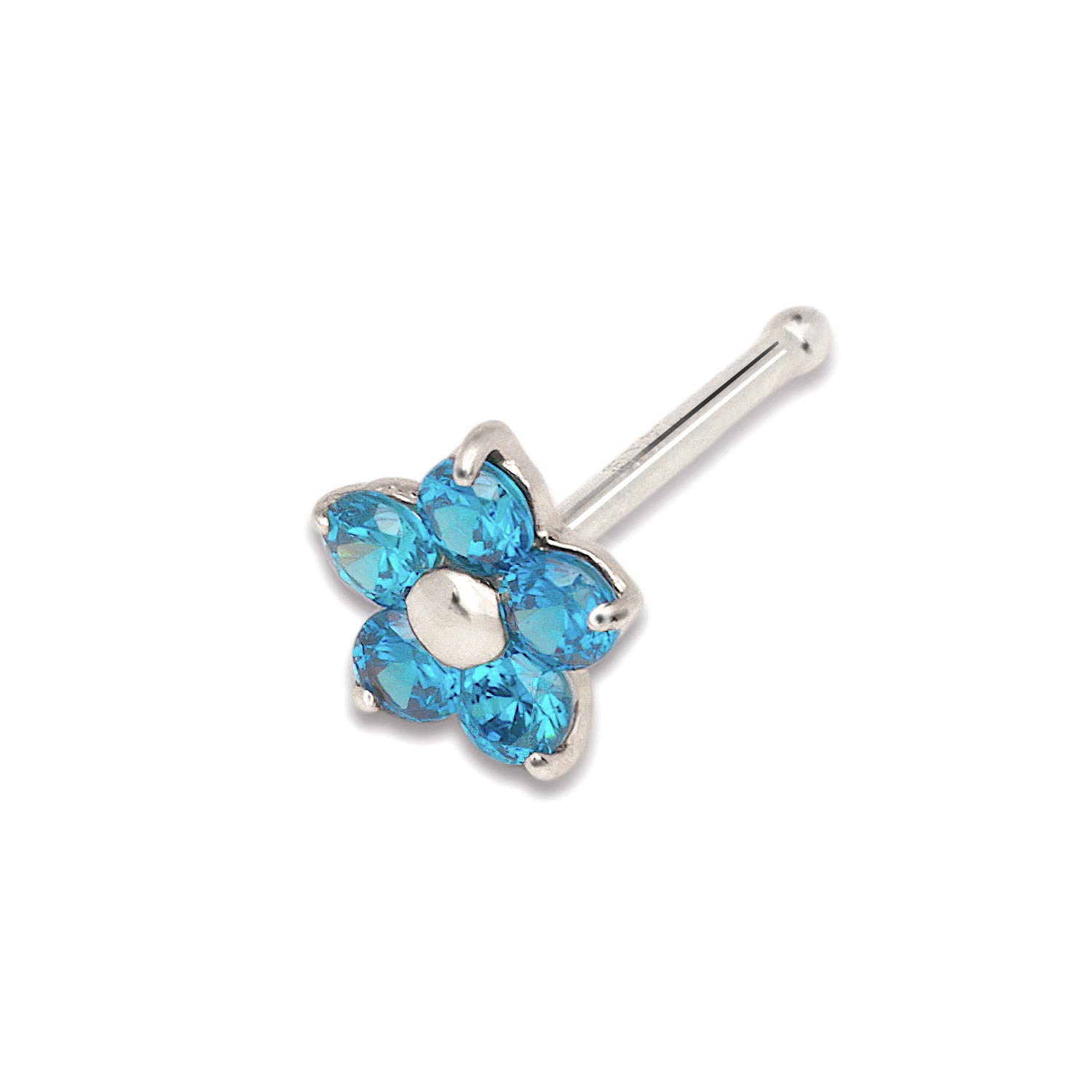 JewelryWeb Solid 14k White Gold Cubic Zirconia 3mm Flower Nose Stud (Five Color) (Blue)
