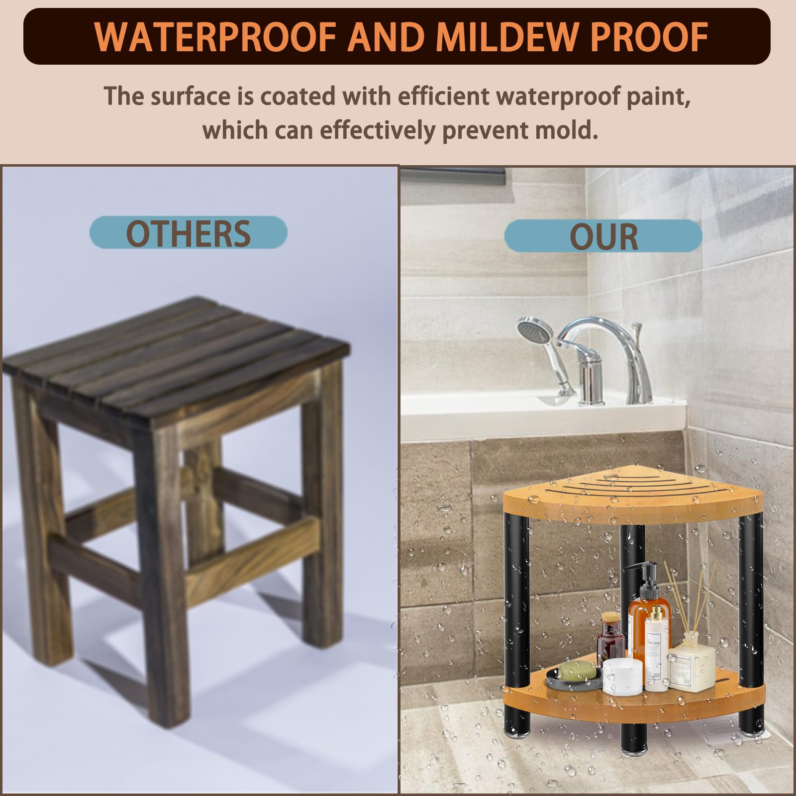 Corner Shower Bench with Storage Shelf,Waterproof Bamboo Corner Shower Stool for Shaving Legs,Sturdy and Non-Slip Shower Chair for Bathroom,Adjustable Feet Bath Step Easy Assemble Shower Seat (Black)