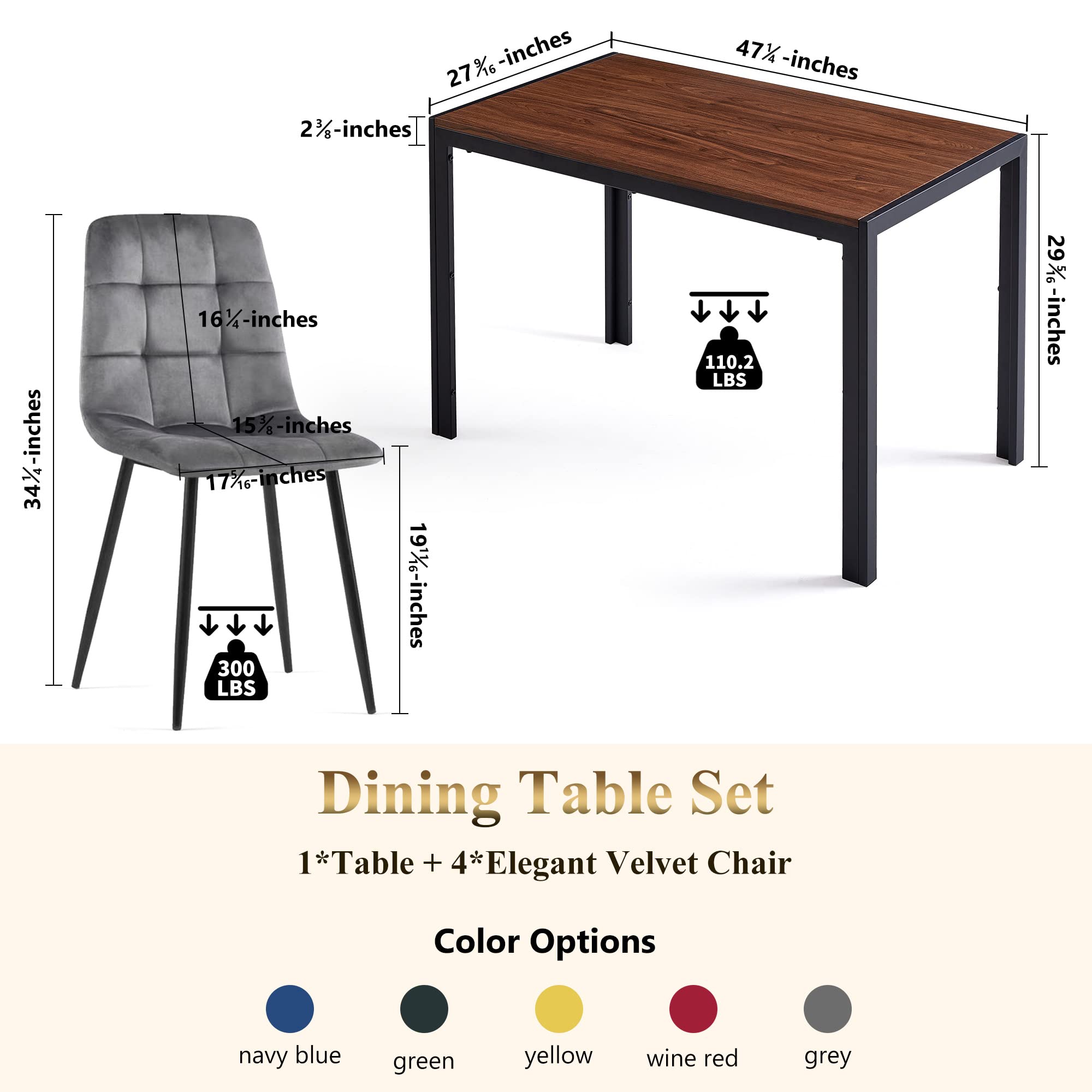 Homedot Modern Dining Room Set for 4, 5 Pieces Dining Table Set, Solid Walnut Table Imitation Wood with Sturdy Metal Frame&Legs, Comfy Velvet Dining Chair Armless for Space Saving, Stylish Dinette Set